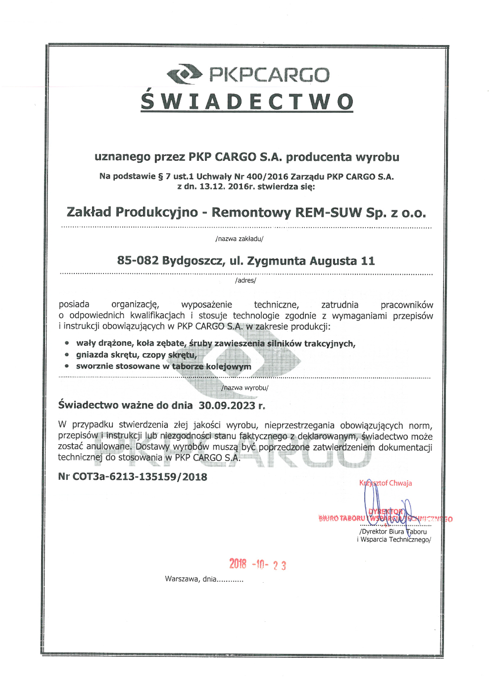 Certificates – REM-SUW Sp. z o.o.